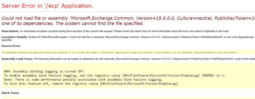 Exchange ECP and OWA error after update